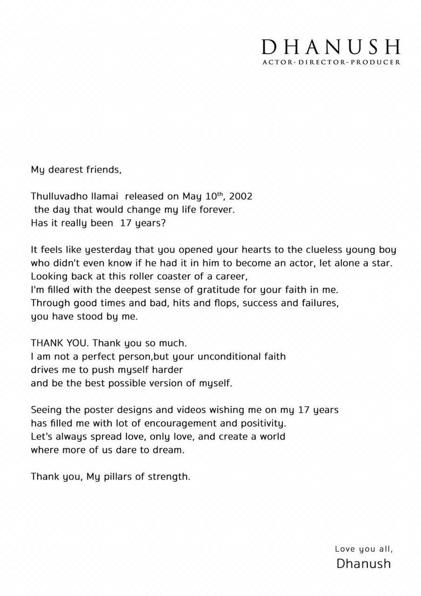 Dhanush thanks his fans for celebrating 17 years of his cinematic ...